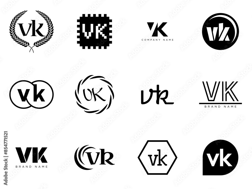 VK logo company template. Letter v and k logotype. Set different ...