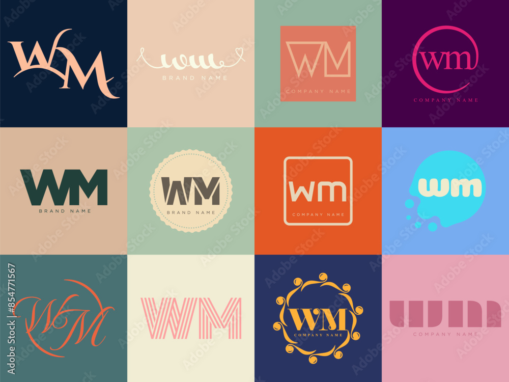 WM logo company template. Letter w and m logotype. Set different ...