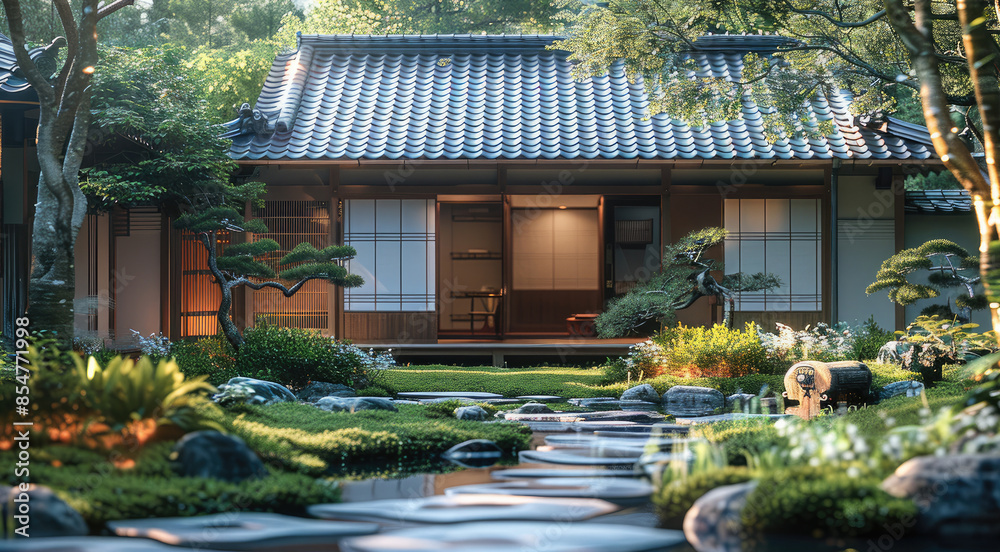 A traditional Japanese house with sliding paper doors, a tiled roof ...