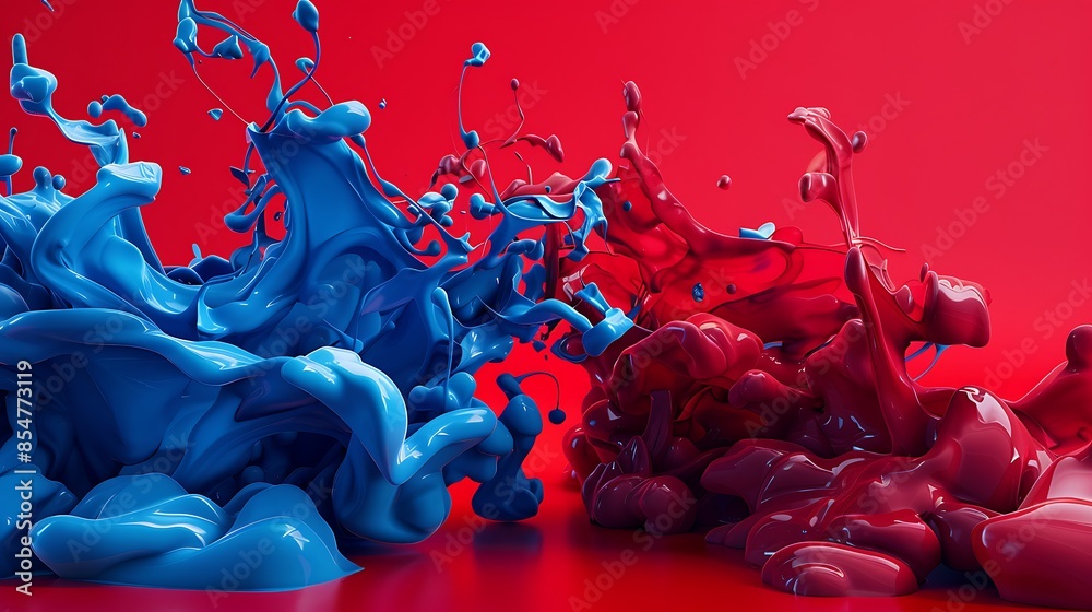 Sapphire blue and ruby red 3D ink splash creating striking abstract ...