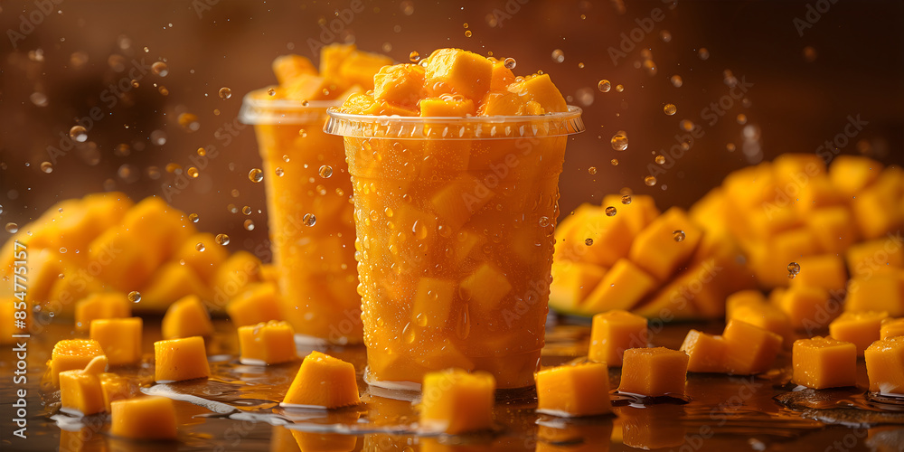 Creative food template. Two plastic cups of fresh mango mangoes with ...