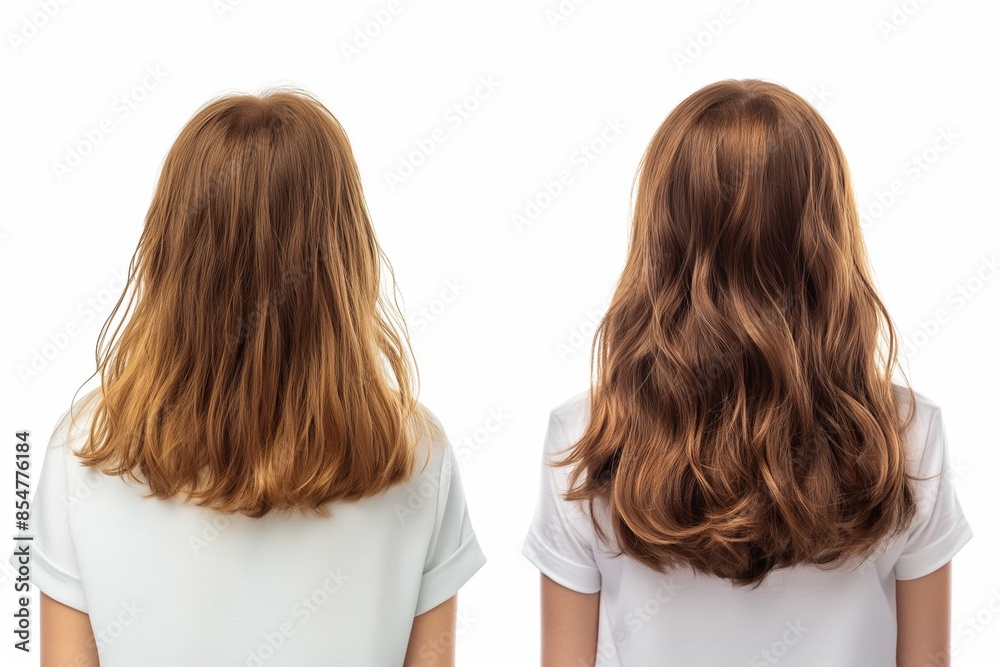 Woman before and after hair treatment on white background ...