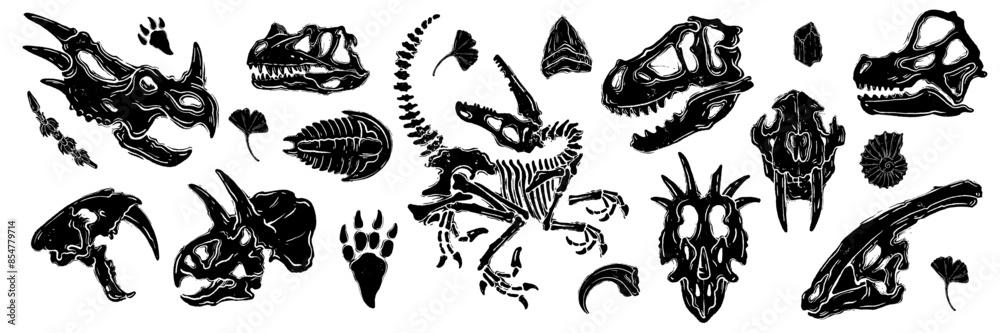 Dinosaur skeleton linocut print set, tattoo dino skull, vector ...