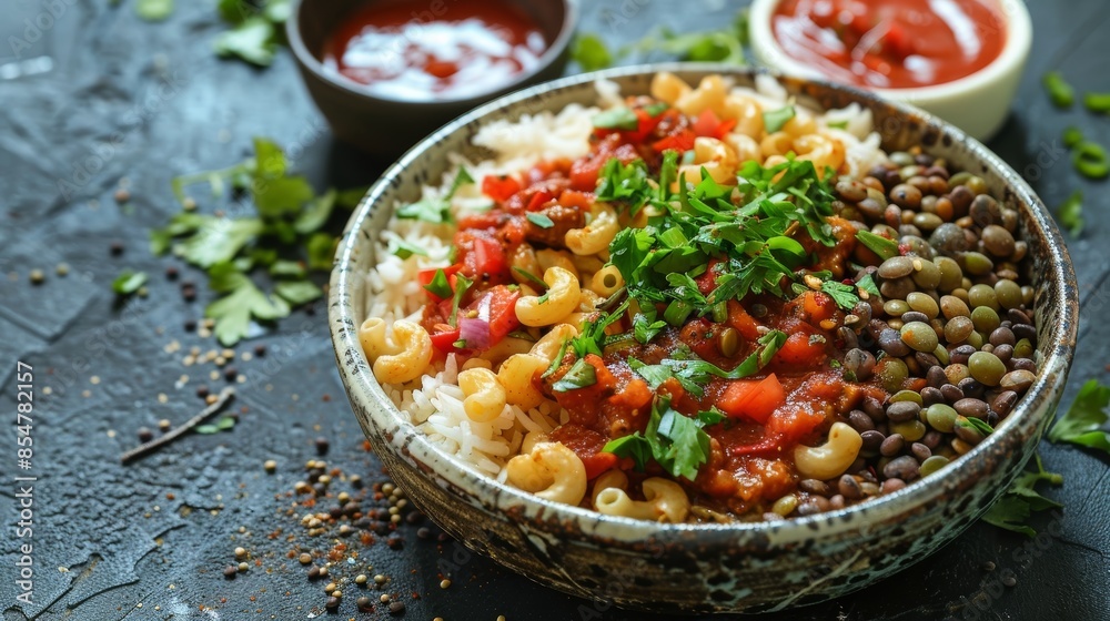 Authentic Egyptian koshari, a hearty, layered dish made with rice, macaroni, lentils, and topped ...