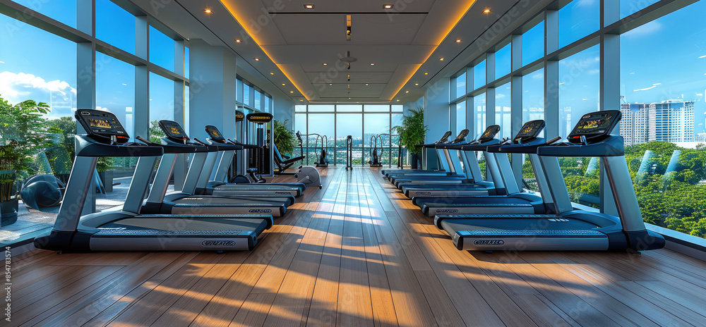 Modern gym, array of fitness equipment, floor-to-ceiling windows ...