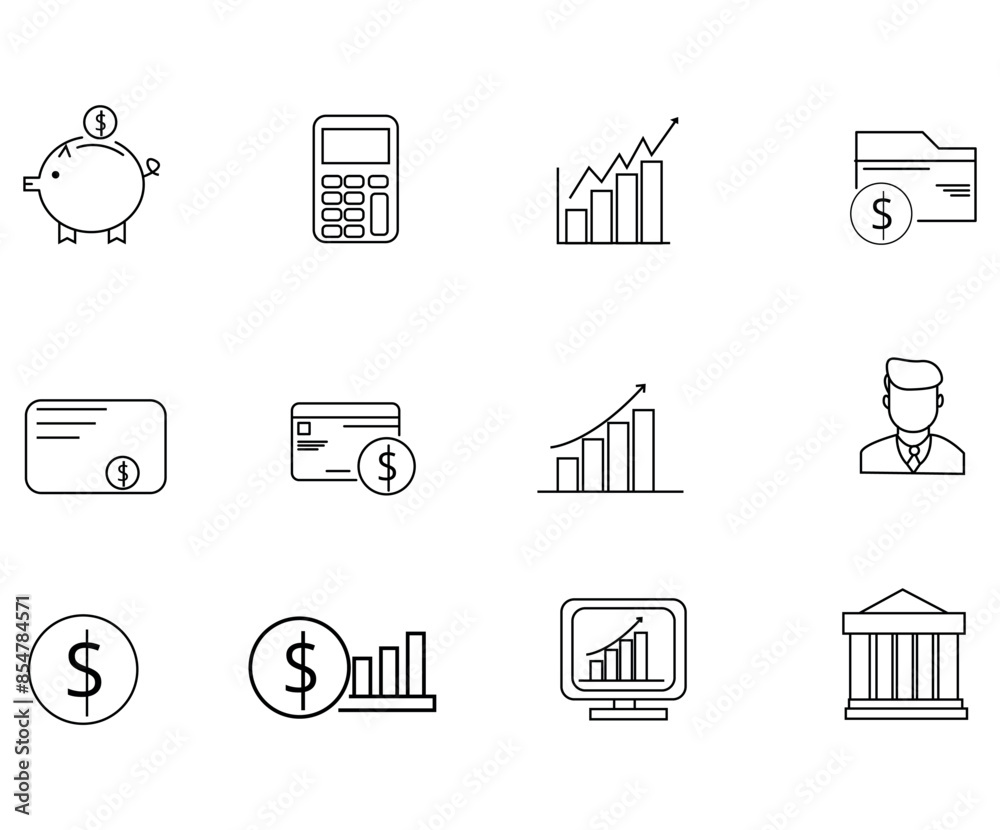 Collection of finance hollow line icons isolated on transparent ...