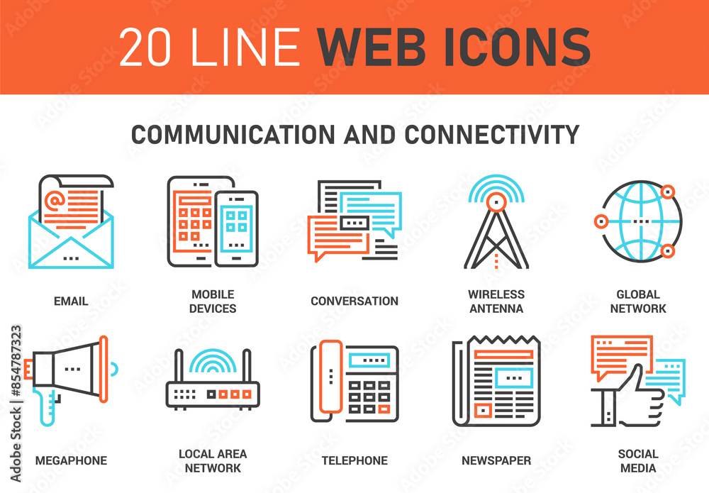 Vector set of communication and connectivity line web icons. Each icon ...