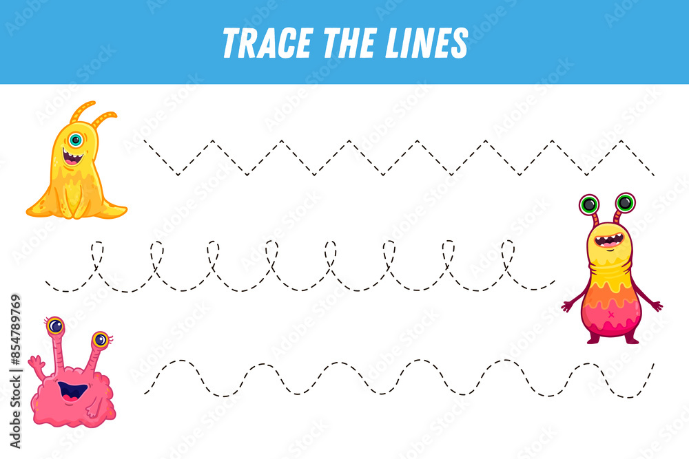 Tracing lines for kids. Cute cartoon monsters. Handwriting practice ...