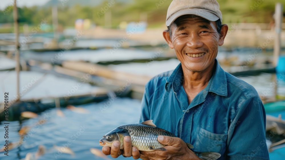 Aquaculture farmer hold fish in hand, guaranteeing integrity in organic ...