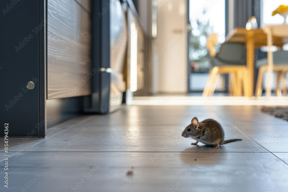 Photo & Art Print Curious house mouse explores a kitchen floor for food ...