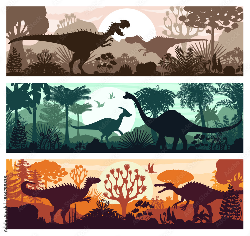 Prehistoric dinosaurs silhouettes in tropical forest. Vector scenic ...