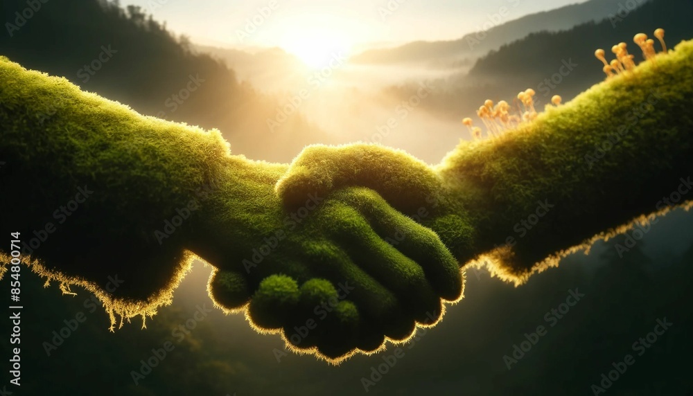 horizontal image, closeup handshake, the hand of nature shakes the hand ...