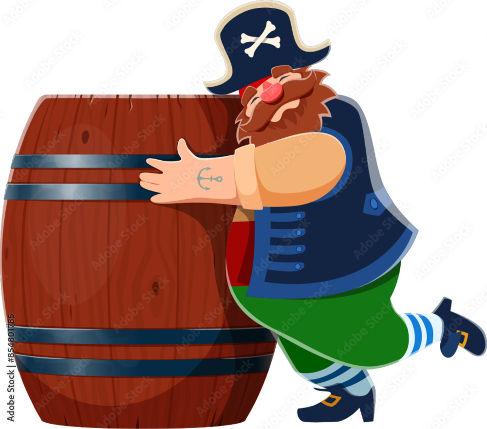 Cartoon pirate character with rum barrel. Isolated vector corsair ...