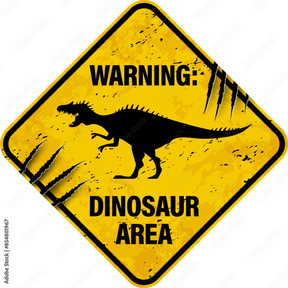 Dinosaur warning sign with claw mark scratch. Vector grungy yellow and ...