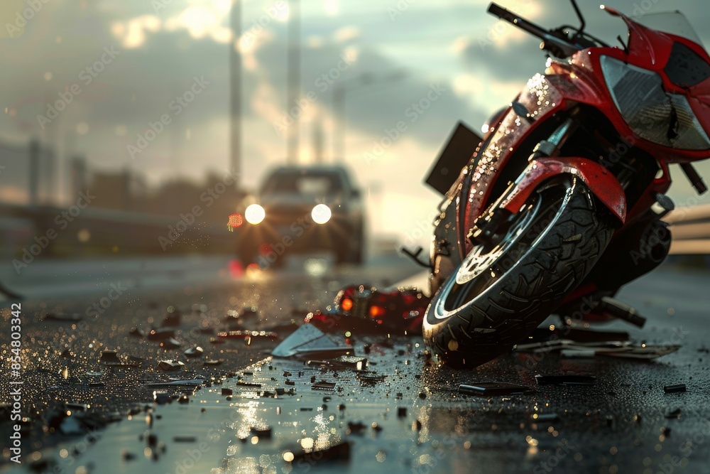 Damaged Motorcycle in Severe Traffic Collision - Car Crash Site with ...