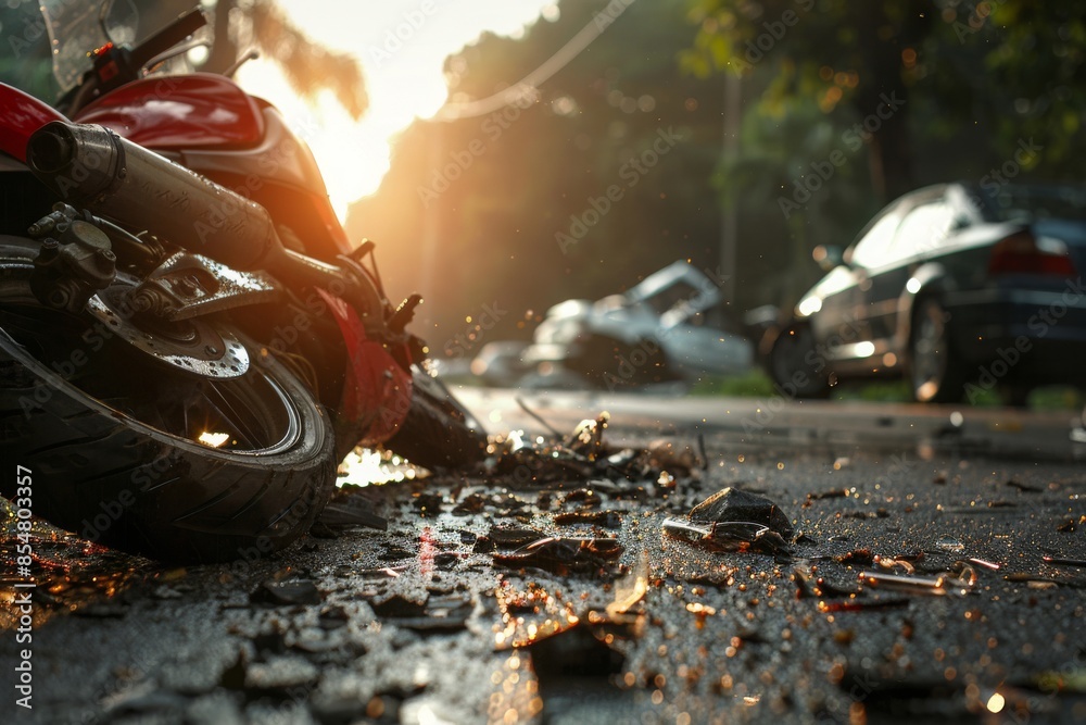 Devastating Accident Scene with Damaged Motorcycle and Car - Severe ...