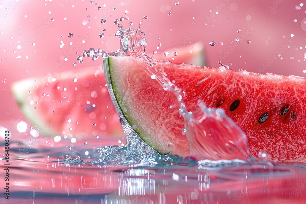 Watermelon in splashes of water on pink background. A red watermelon ...