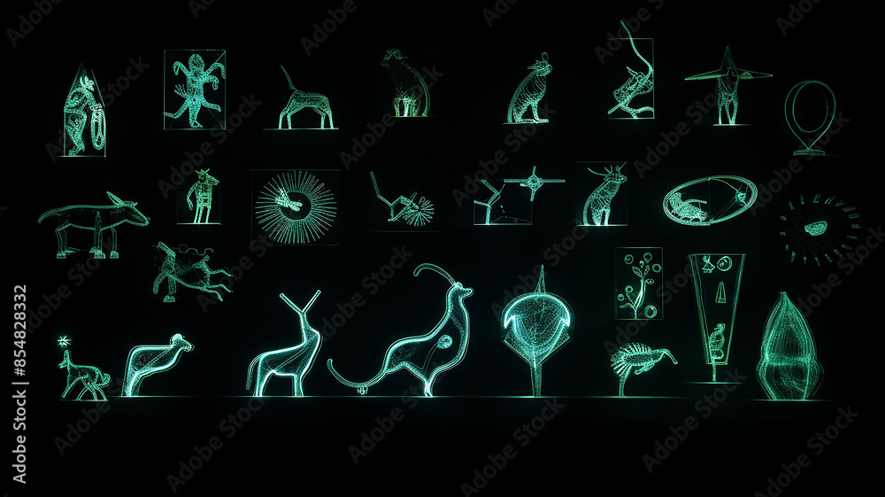 collection of runes, fictional icons of mystical magic, glowing set ...