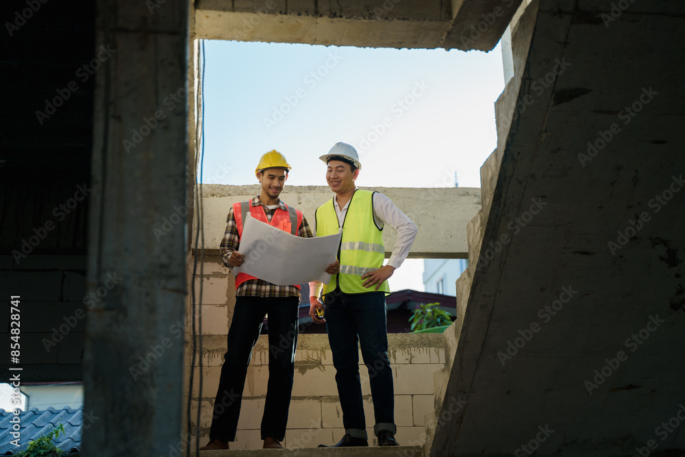 Civil engineer with personal safety equipment checking and consult with construction site ...