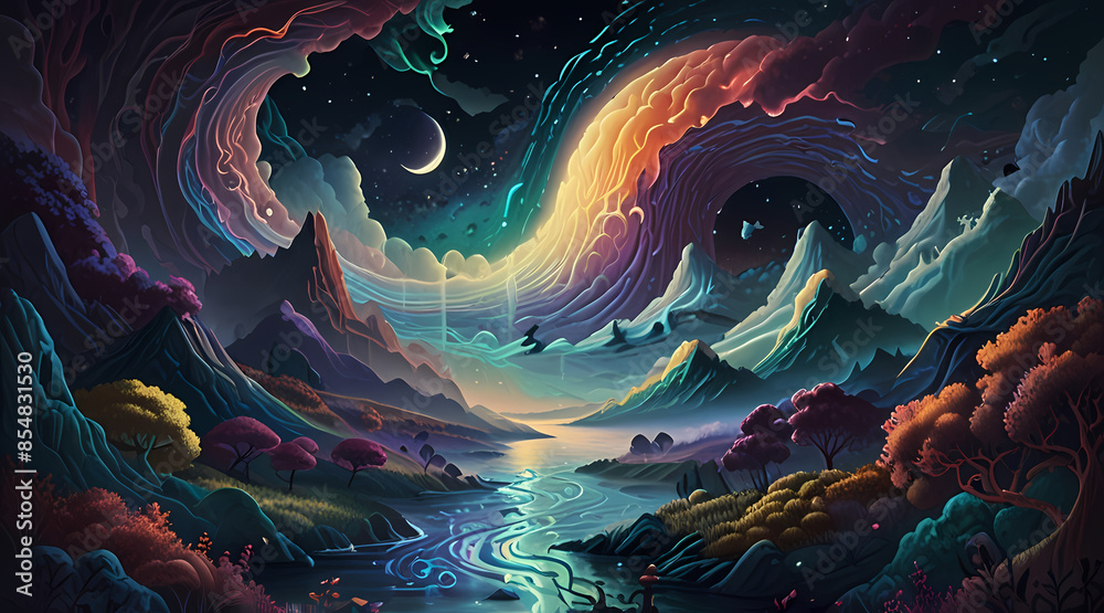 Illustrate a fantasy landscape where holographic waves flow through the ...