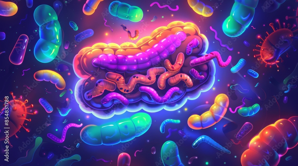 Colorful microscopic view of bacteria and microbes in a vibrant ...