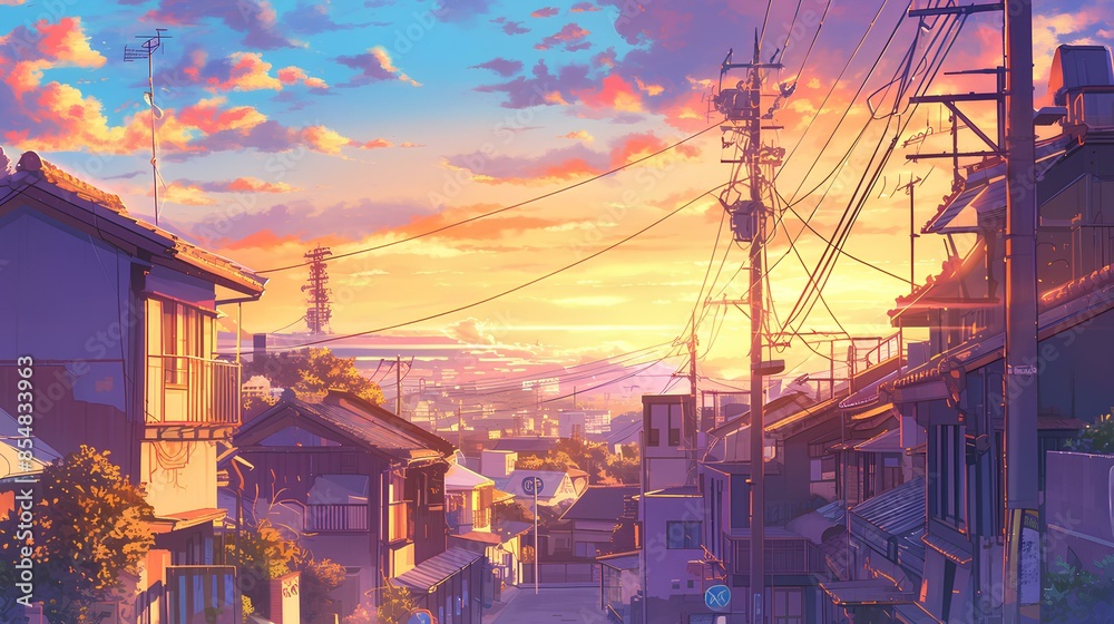 Electrical poles line the street in an anime-style sunset with an ...