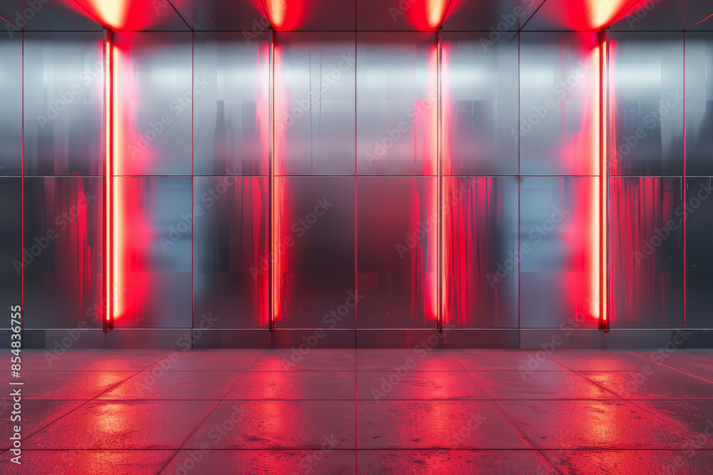 Smooth silver metal panels with pulsating red light strips: Industrial ...