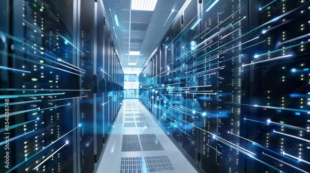 ภาพประกอบสต็อก Detailed shot of a computer server room in a ...
