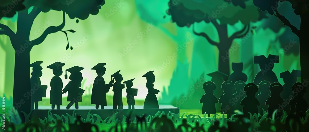 Paper cut out graduation ceremony scene, students, and stage, green ...