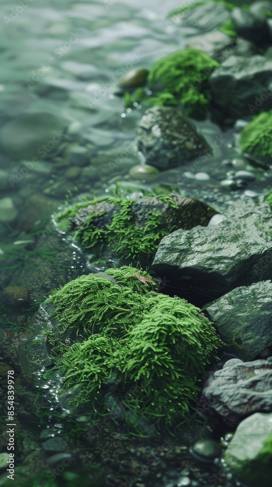 Illustration of natural landscapes, moss, stones and flowing water ...