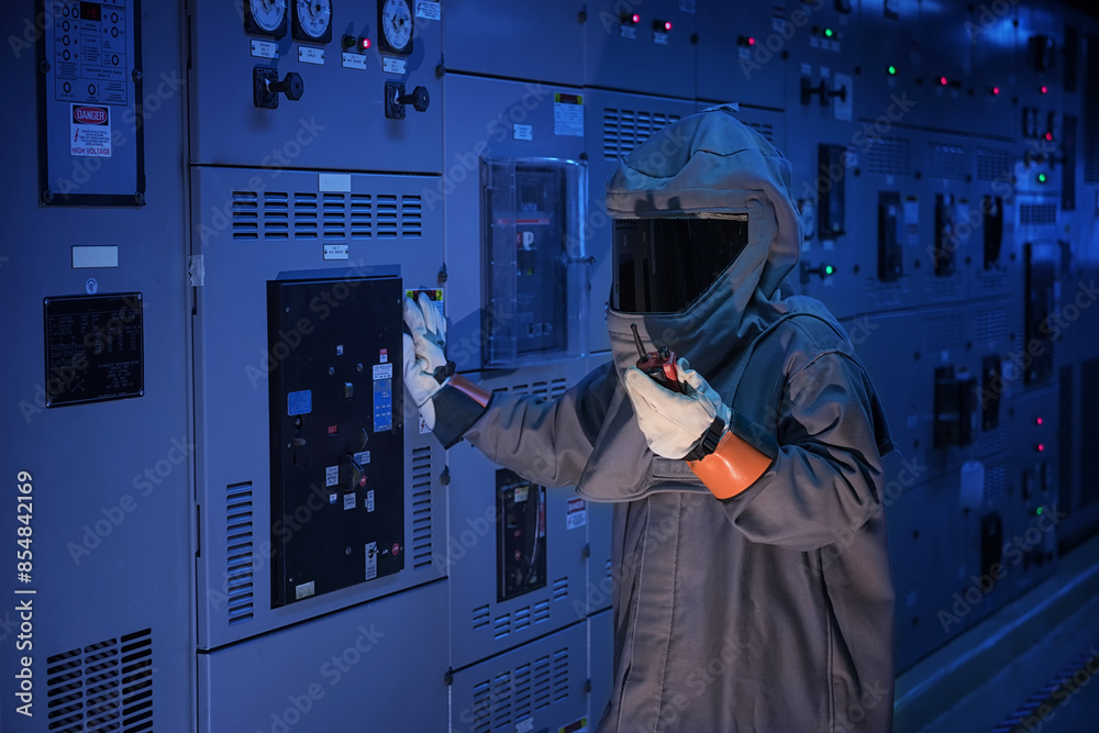 Engineer wears a arc flash protection suit for inspection electrical ...