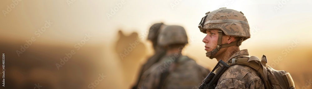 Soldier in military uniform standing against war background, concept of ...