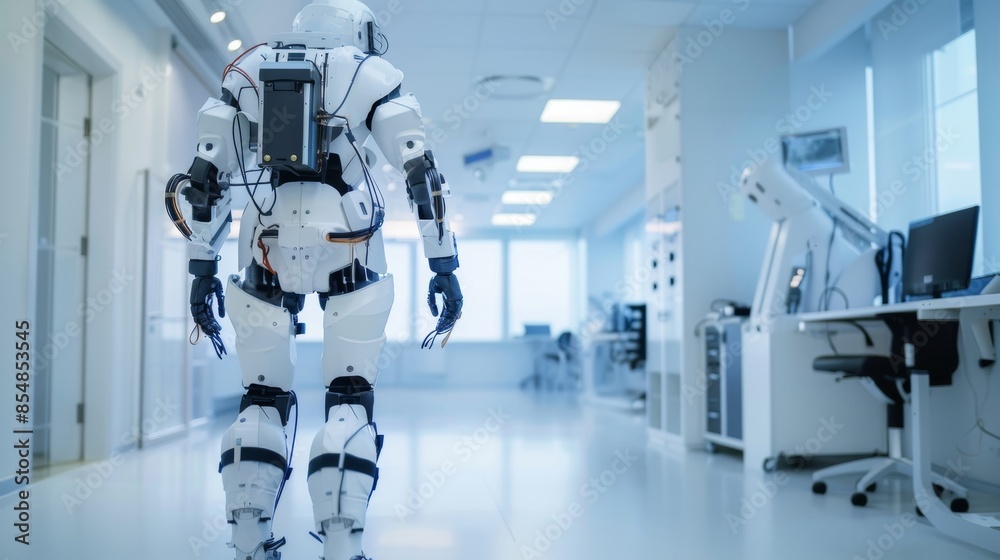 Futuristic healthcare setting showcasing a robotic exoskeleton in use ...