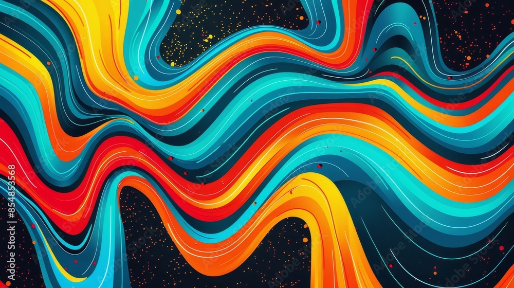 Psychedelic gradient wave in vibrant orange, blue, teal, white, and ...