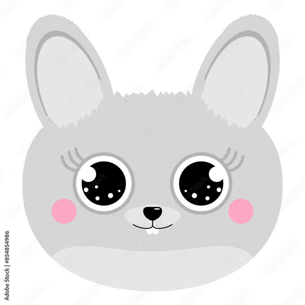 Cute little hare face with pink blush. Kid's gray rabbit illustration ...
