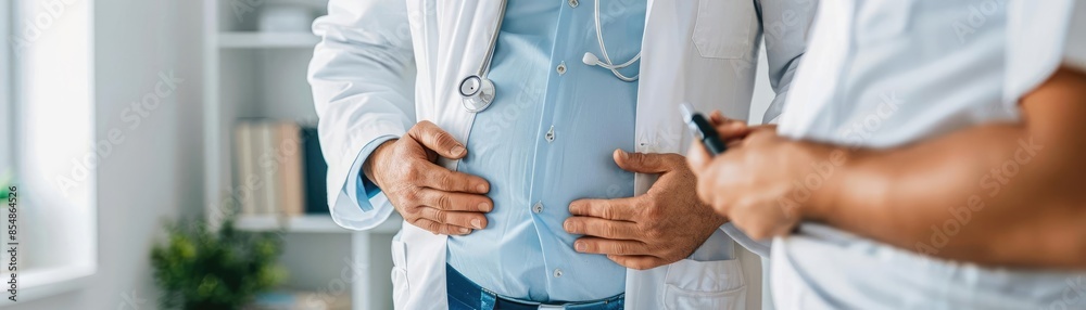 Doctor measuring waist circumference of obese patient, health check-up ...