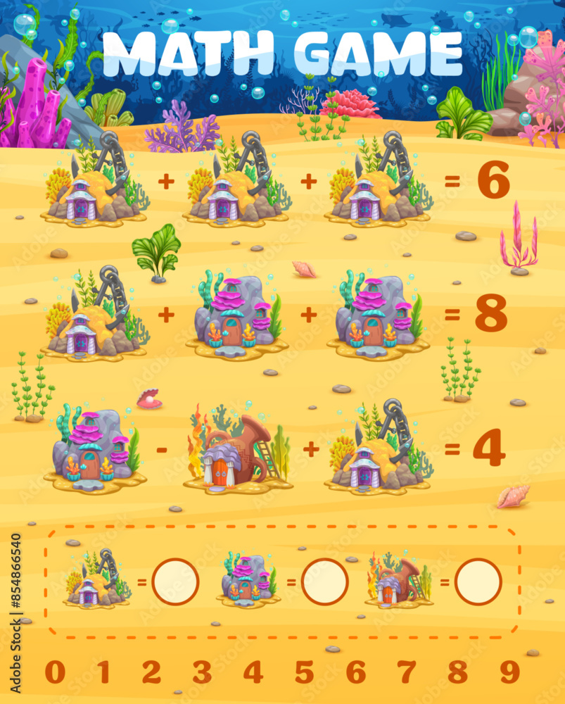 Underwater sea houses on math game worksheet, vector education quiz ...