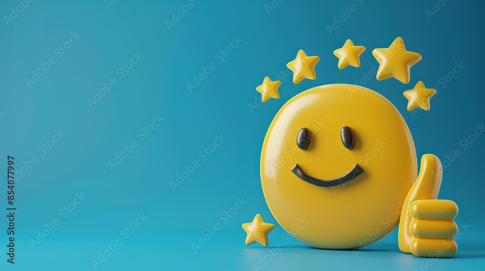 Bright yellow smiley face icon with thumbs up and star symbols on a ...