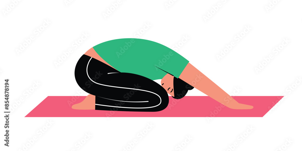 Hand drawn person is performing lower back stretch in child pose ...