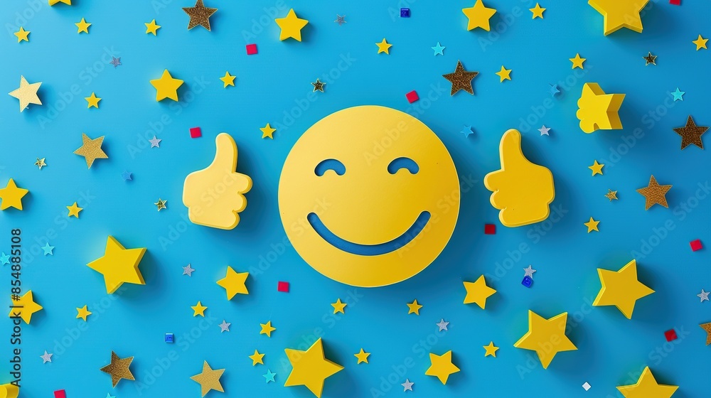 Bright yellow smiley face icon with thumbs up and star symbols on a ...