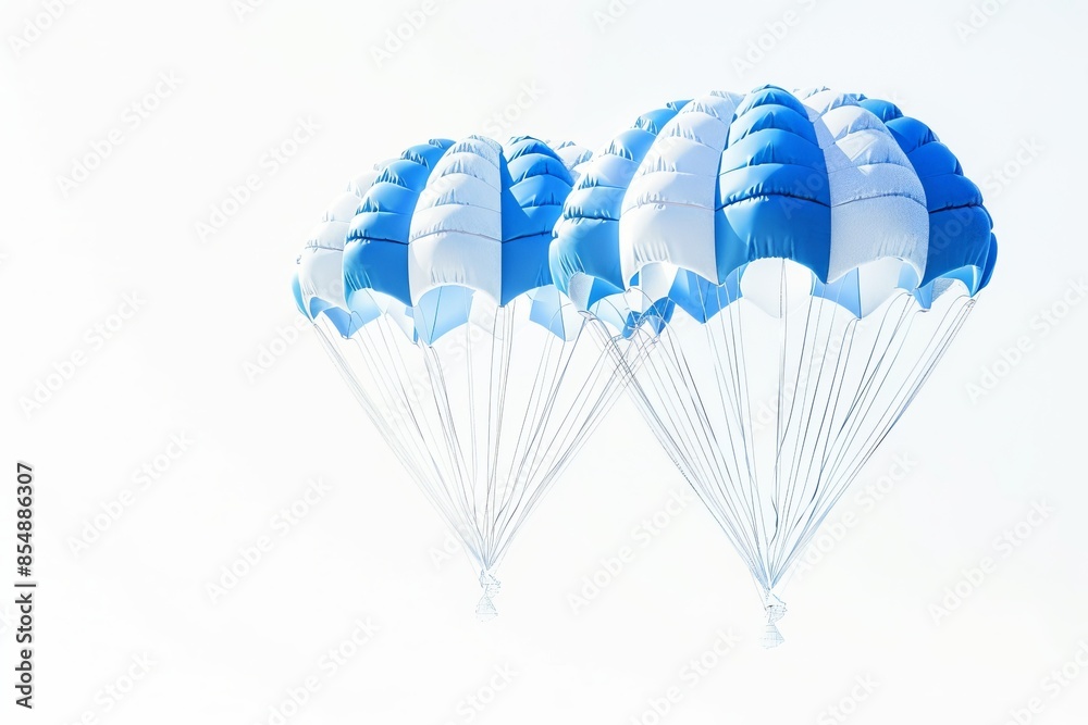 Two blue and white parachutes ascending in a clear sky. Conceptualize ...