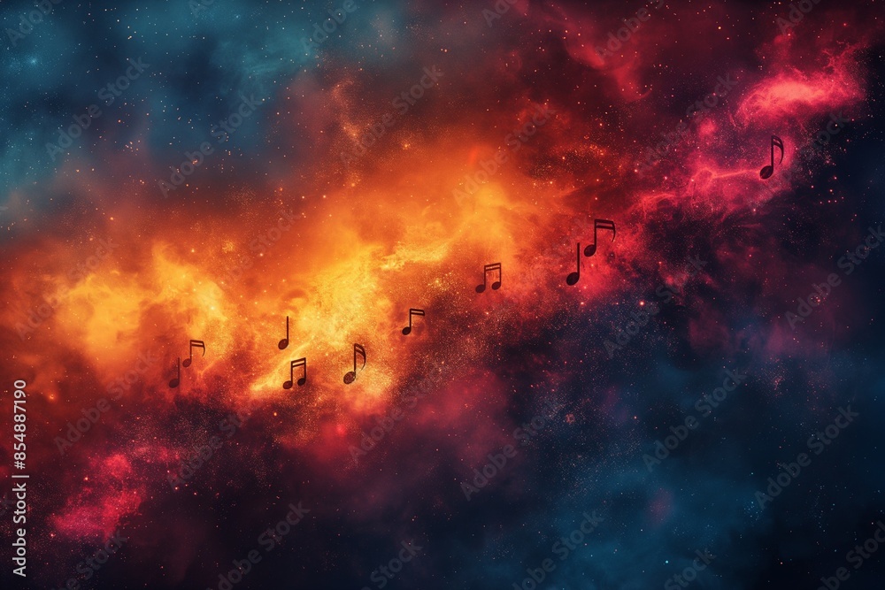 Vibrant cosmic background with musical notes floating through a fiery ...