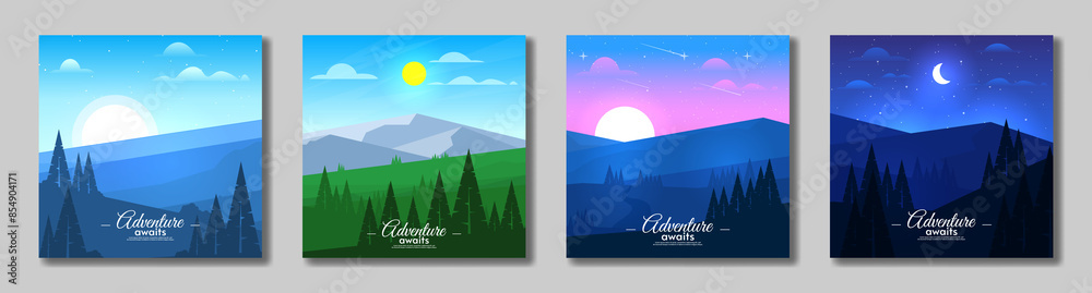 Morning, noon, evening and night. Set of abstract vector landscape card ...