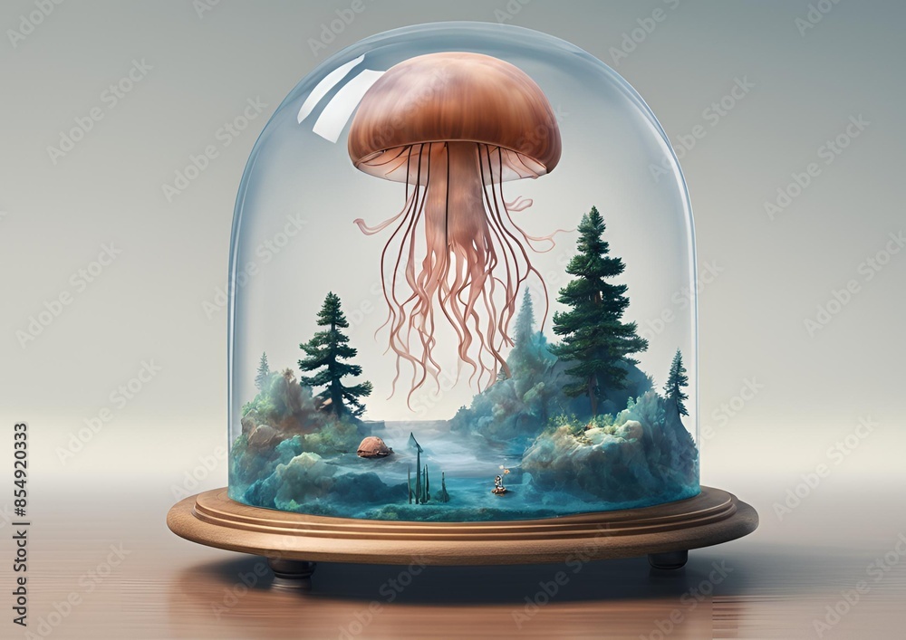 Inside the bell, you can see the sea, a shark swimming below, and on ...