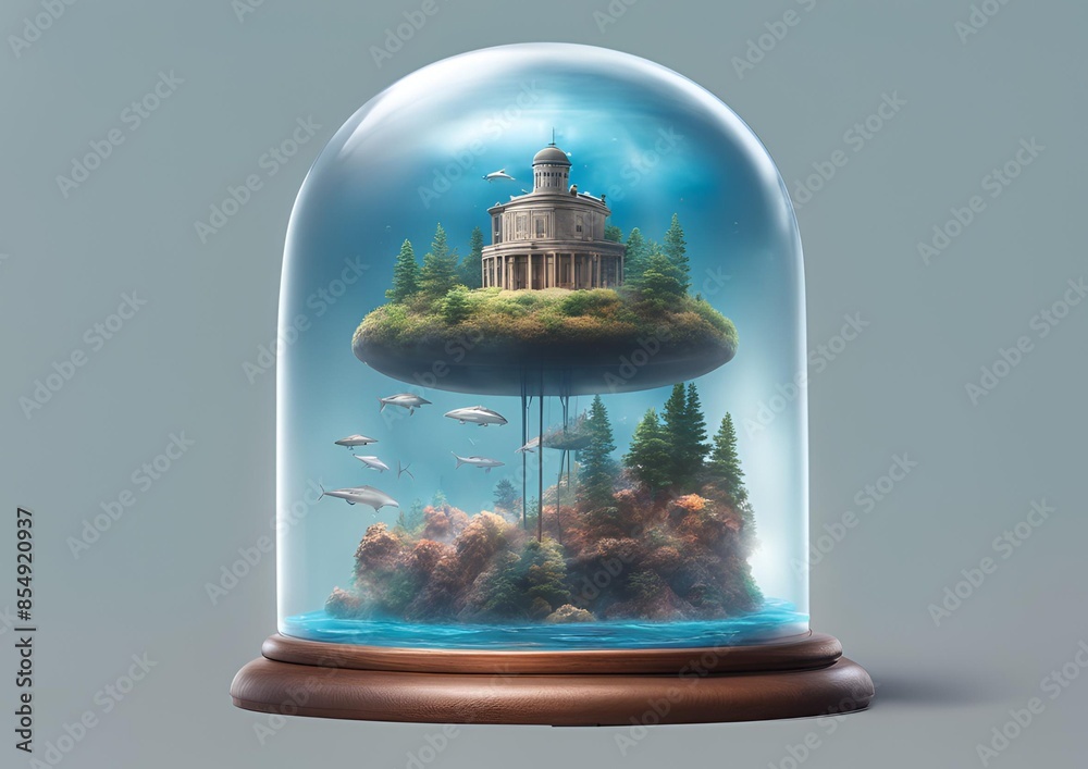 Inside the bell, you can see the sea, a shark swimming below, and on ...