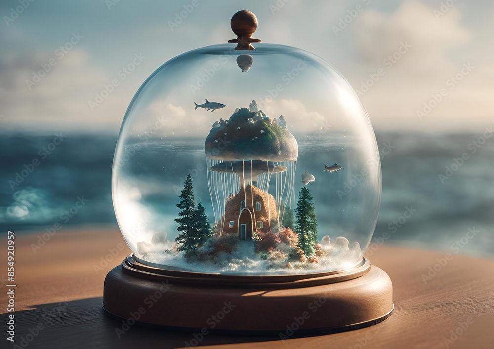 Inside the bell, you can see the sea, a shark swimming below, and on ...