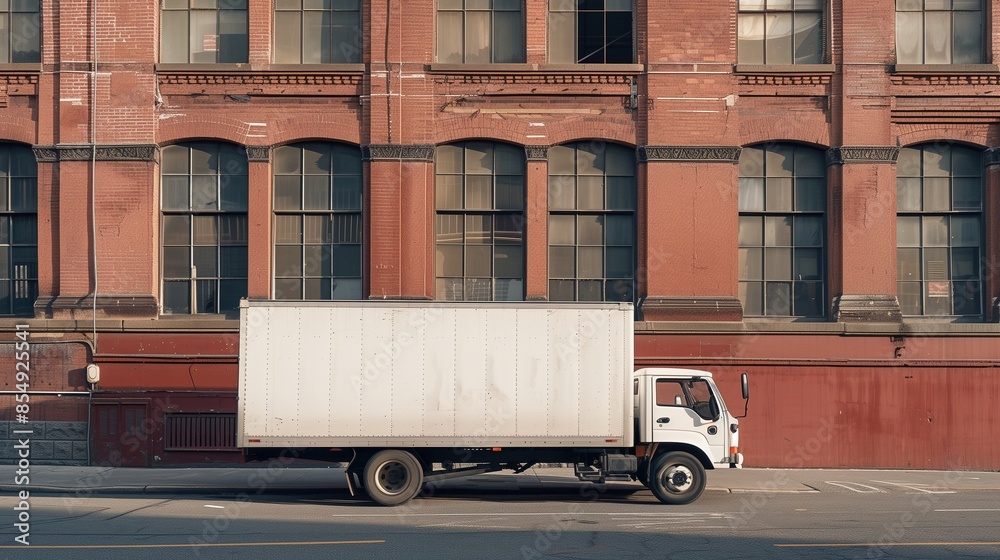 Freight truck mockup parked in front of red brick building with arched ...