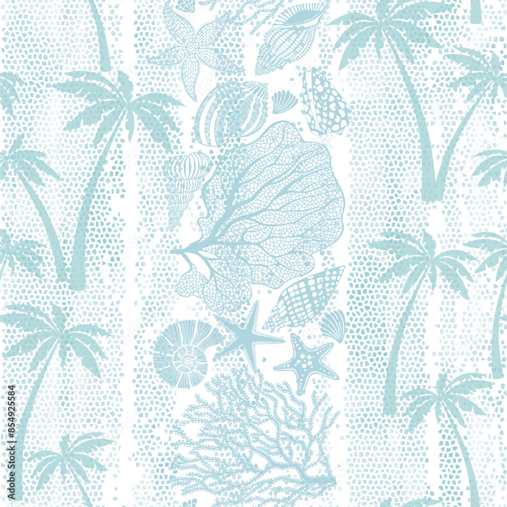 Art sea background with sea creatures and palm trees. Seamless vector ...