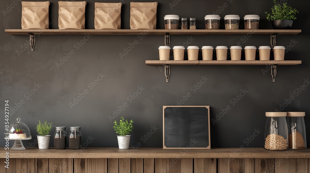 Rustic kitchen shelf setup with brown paper bags, takeaway cups mockup ...