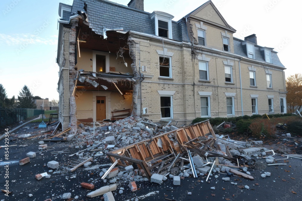 Image showing a partially collapsed building with debris scattered ...